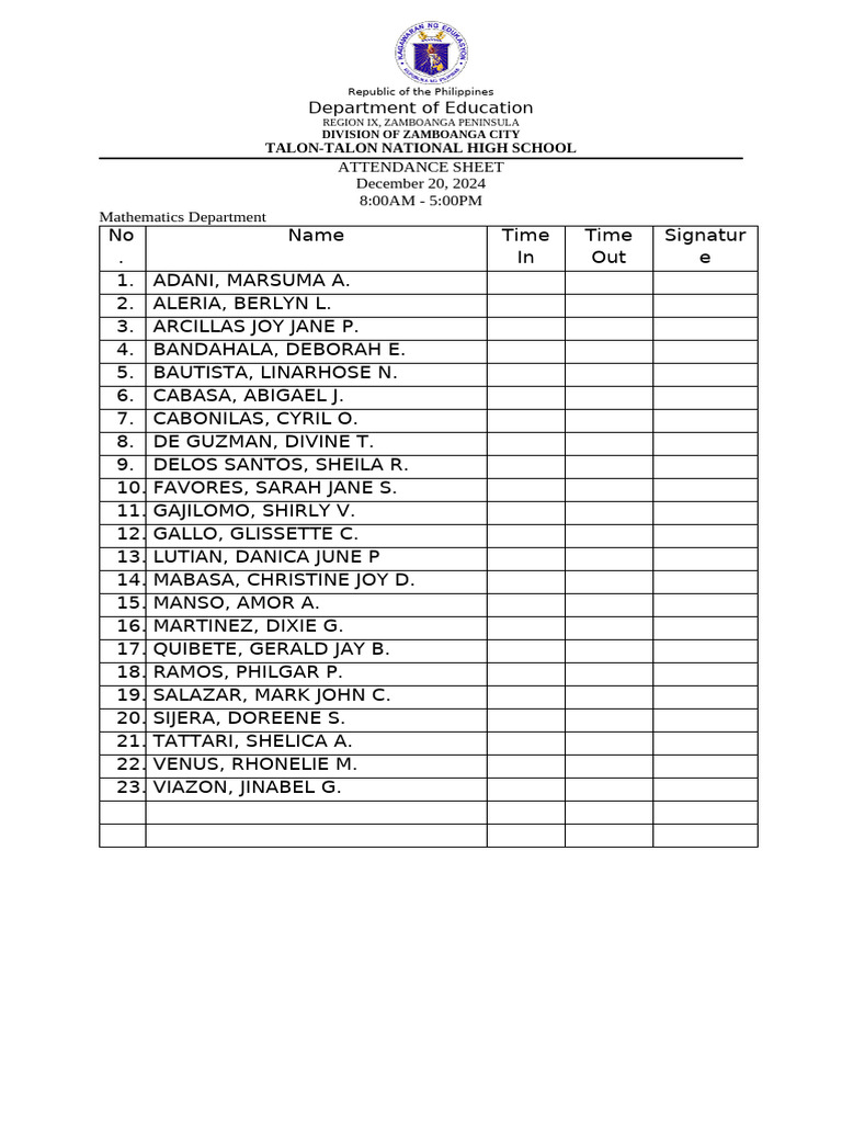 ATTENDANCE SHEET- MATH | PDF