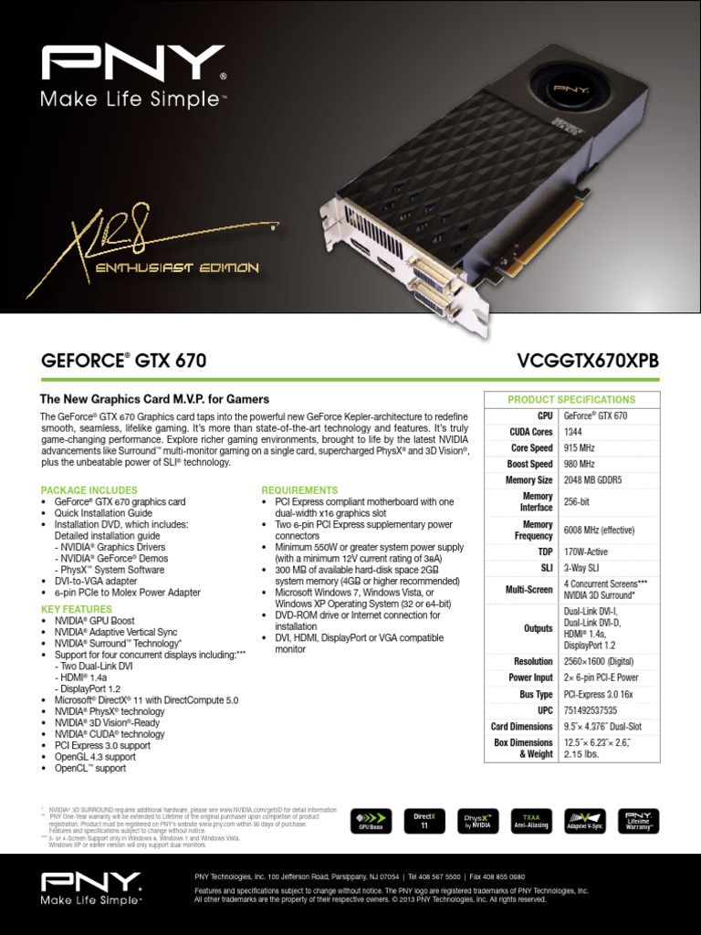 PNY GeForce GTX 670 2GB Brochure | PDF | Graphics Processing Unit | Computer Hardware