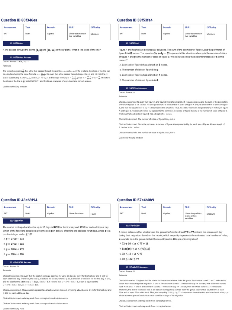 SAT Algebra Practice Questions | PDF | Equations | Mathematical Analysis