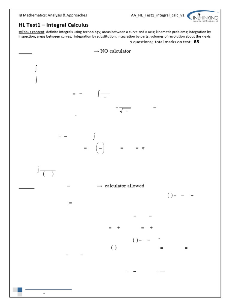 IB Math HL Integral Calculus Test | PDF | Integral | Cartesian ...