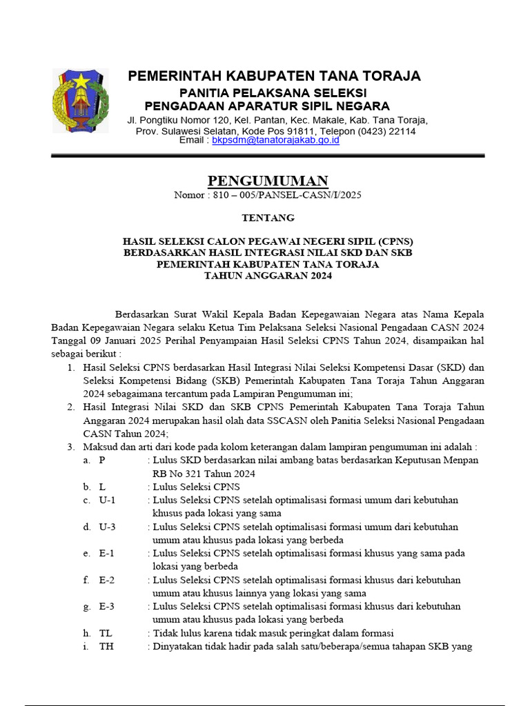Pengumuman Hasil Integrasi SKD Dan SKB Cpns Kabupaten Tana Toraja T.A 2024 | PDF