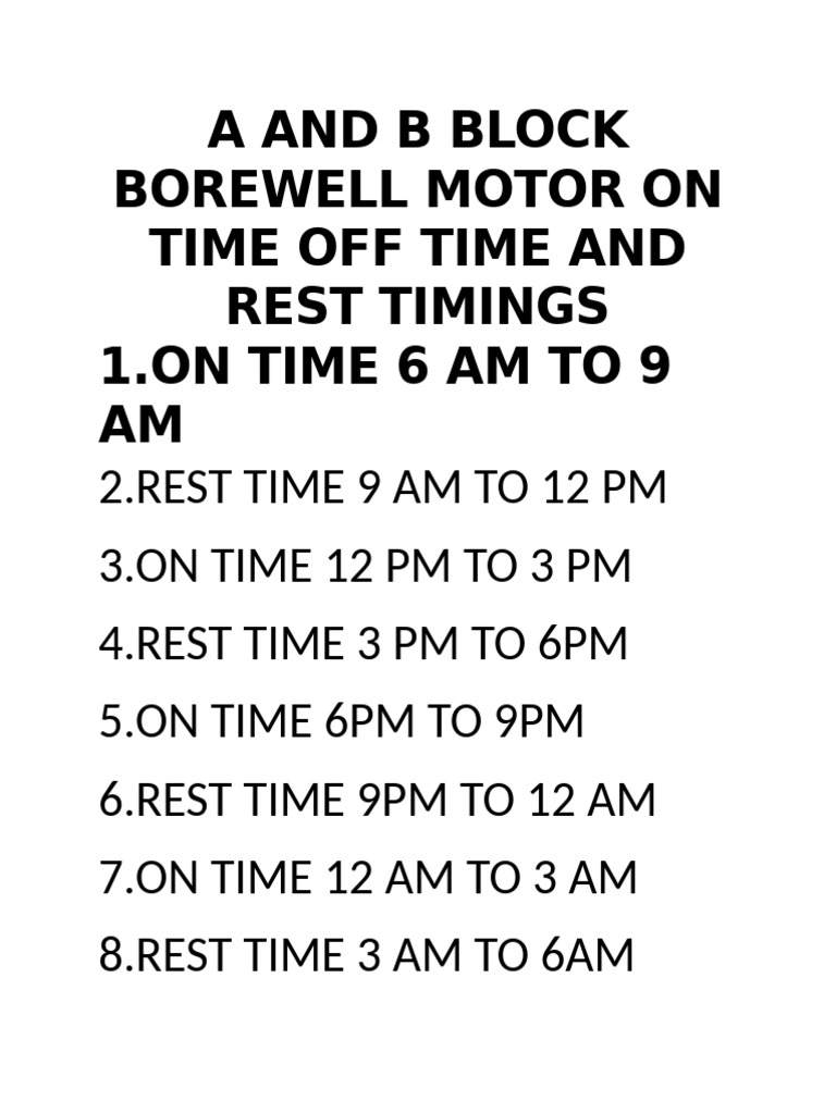 Borewell Motor Schedule A&B Blocks | PDF