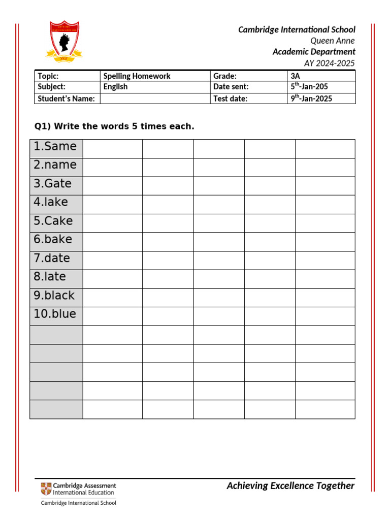 Spelling Week 1 5th Jan G3A | PDF