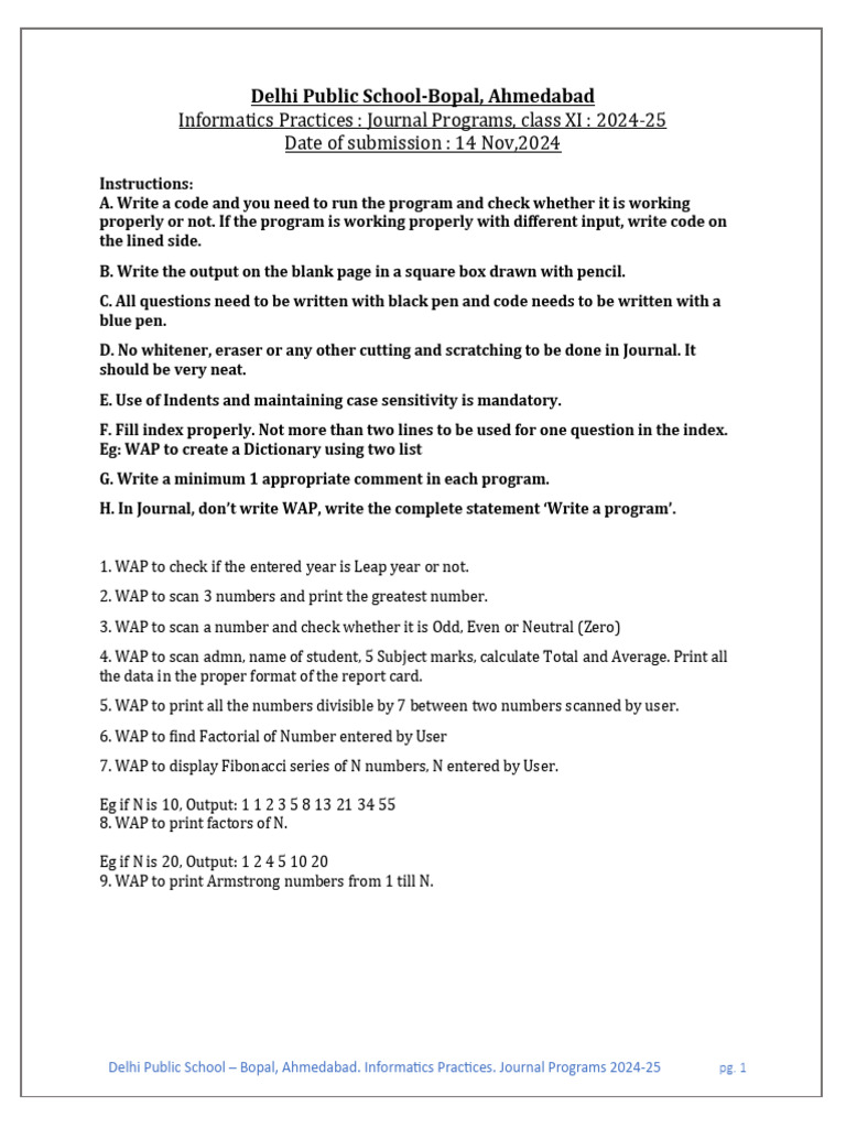 Class 11 IP Journal Programs With Python Code DPS Bopal 2024 25 | PDF | String (Computer Science ...