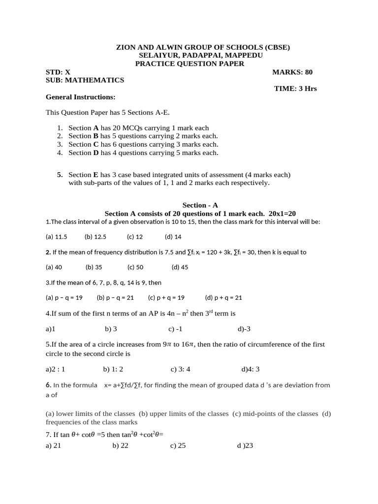 Diwali Holiday Practice QP Maths Class 10 | PDF | Circle | Area
