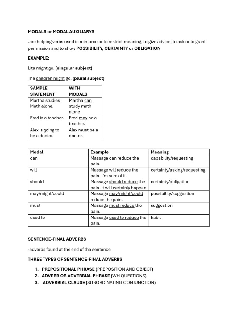 Understanding Modals and Sentence Structure | PDF | Adverb | Grammar