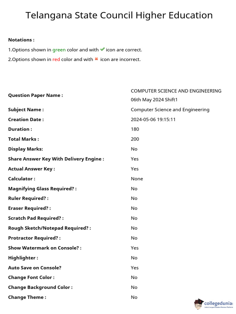 TS ECET 2024 Computer Science and Engineering Question Paper | PDF ...