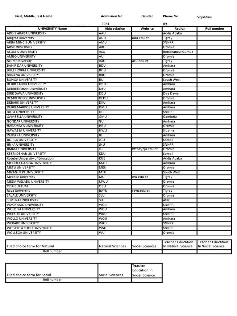 Student University and Field Form | PDF