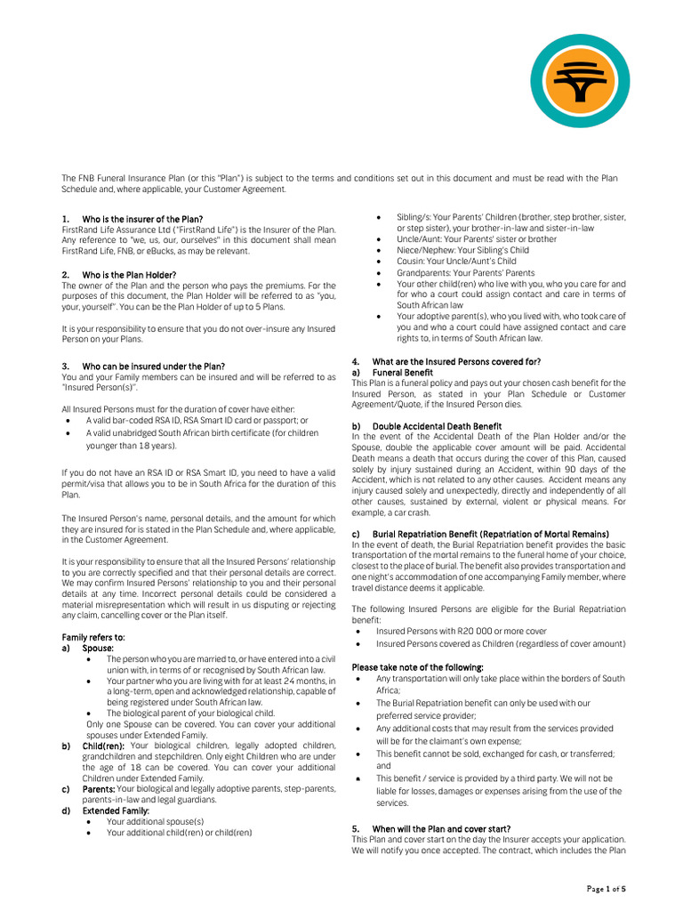 FNB Funeral Plan Ts & Cs | PDF | Insurance | Life Insurance