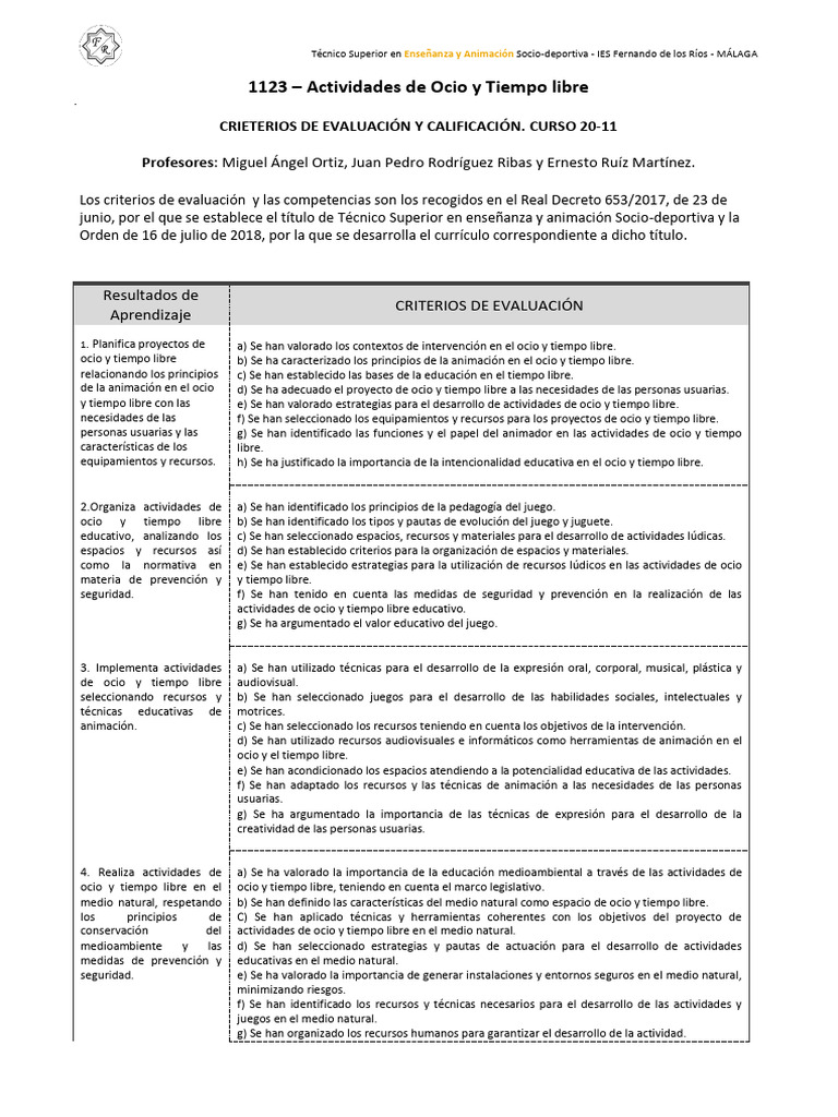 GS 2o Actividades de Ocio y Tiempo Libre | PDF | Evaluación | Enseñando