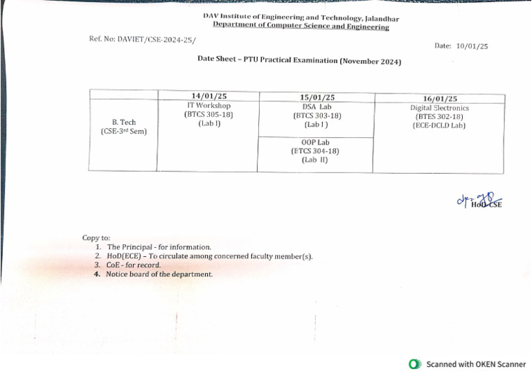 Practical Date Sheet Sem 3 | PDF