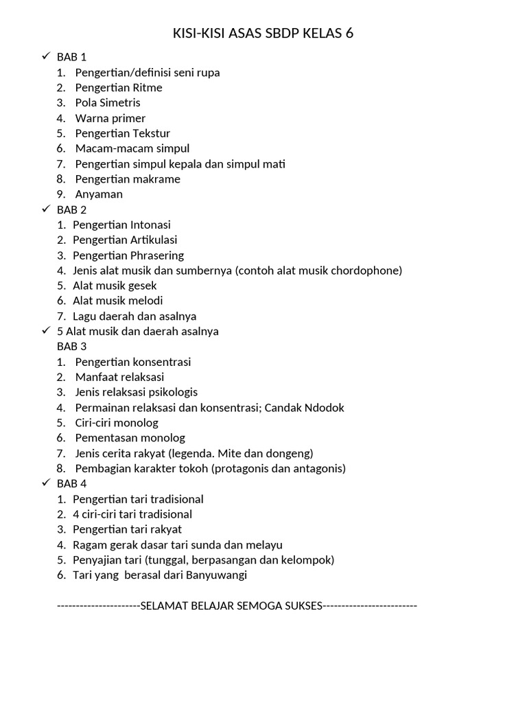 Kisi-Kisi SBDP Kelas 6 | PDF