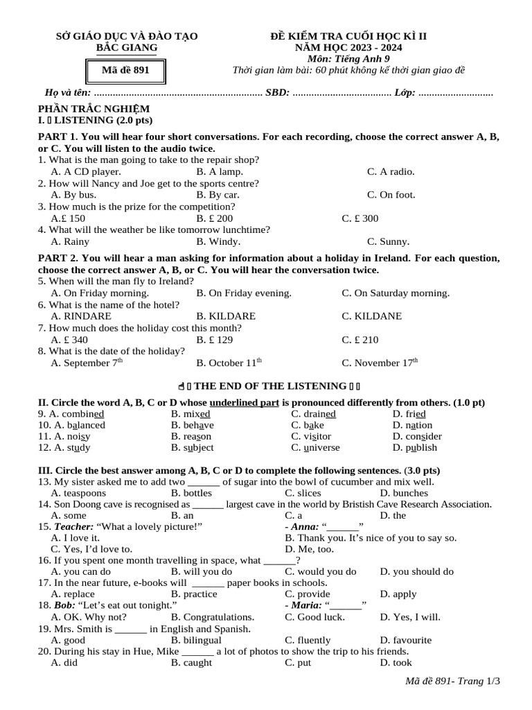 Anh 9 HKII - NH 2023-2024- mã đề 891 | PDF | Vitamin