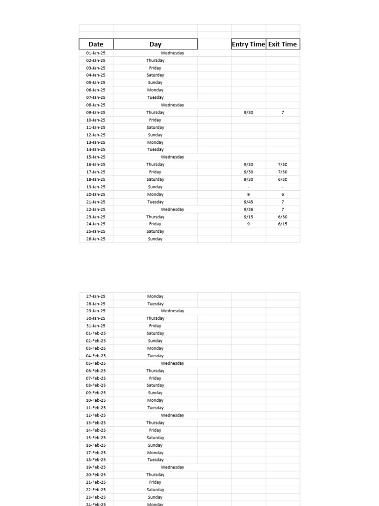 Entry Exit - Sheet1 | PDF