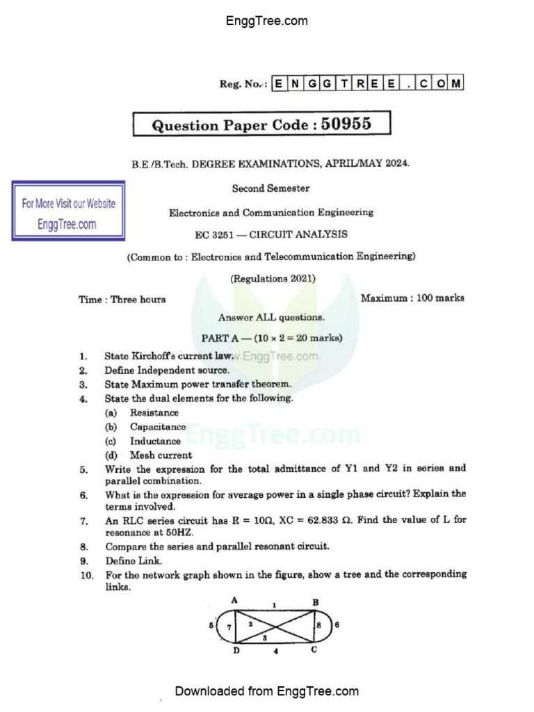 EC3251 Circuit Analysis Apr May 2024 Question Paper Download | PDF