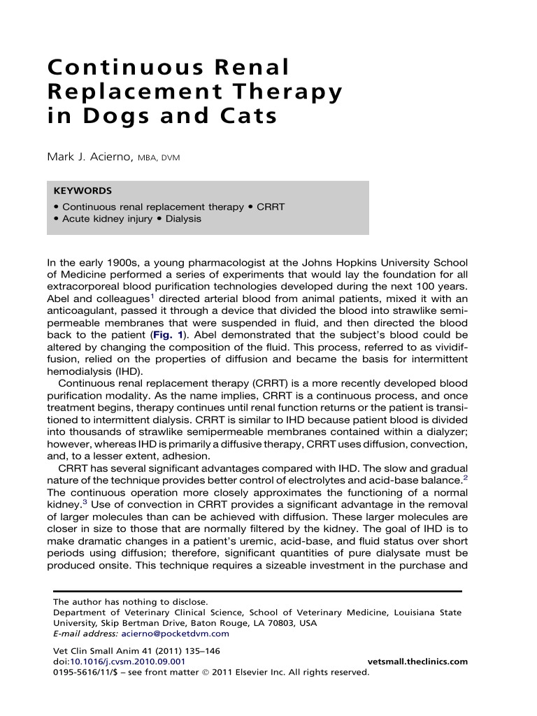 ACIERNO 2011 Continuous Renal Replacement Therapy in Dogs and Cats ...