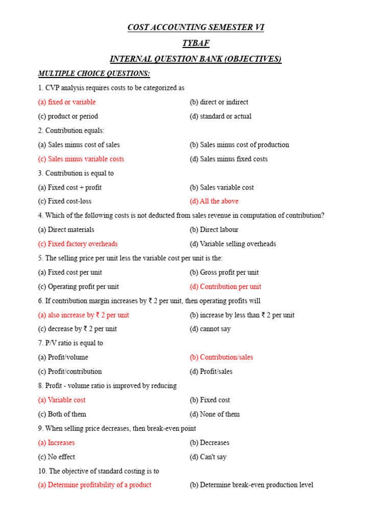 COST ACCOUNTING TYBAF QUESTION BANK INTERNALS | PDF | Cost Accounting | Financial Economics