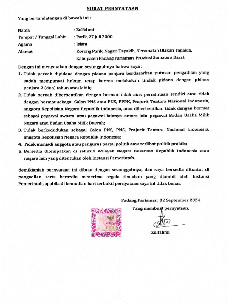 Surat Pernyataan | PDF