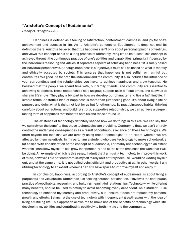 Aristotle's Concept of Eudaimonia | PDF | Happiness | Social Psychology