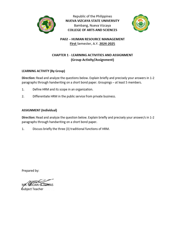 Chapter 1. Learning Activities and Assignment | PDF