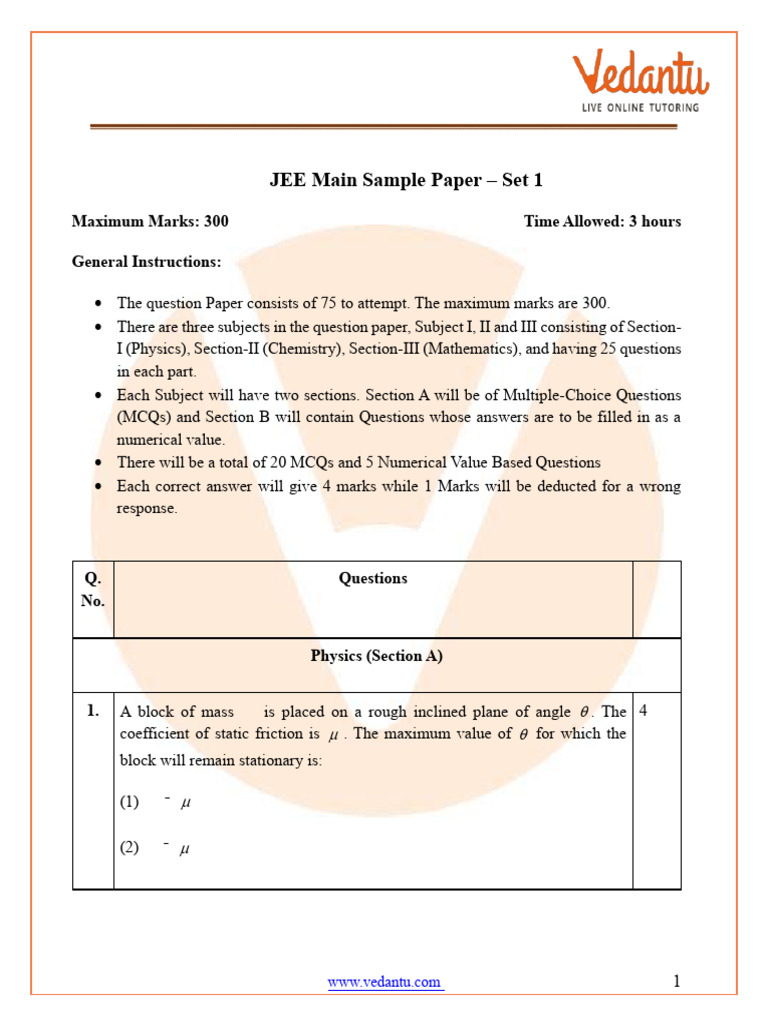 JEE Main 2025 Sample Question Paper-1 With Answer Keys - Free PDF | PDF ...