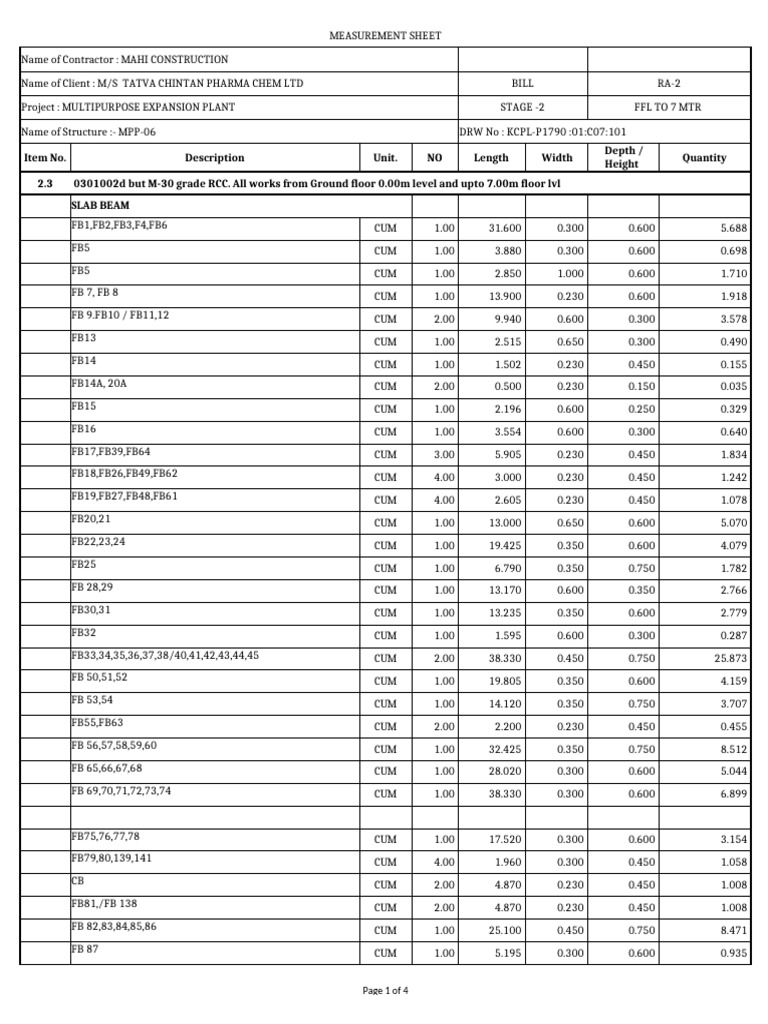 RCC Shuttering Slab 7 MTR 24012025 | PDF | Length | Architectural Elements