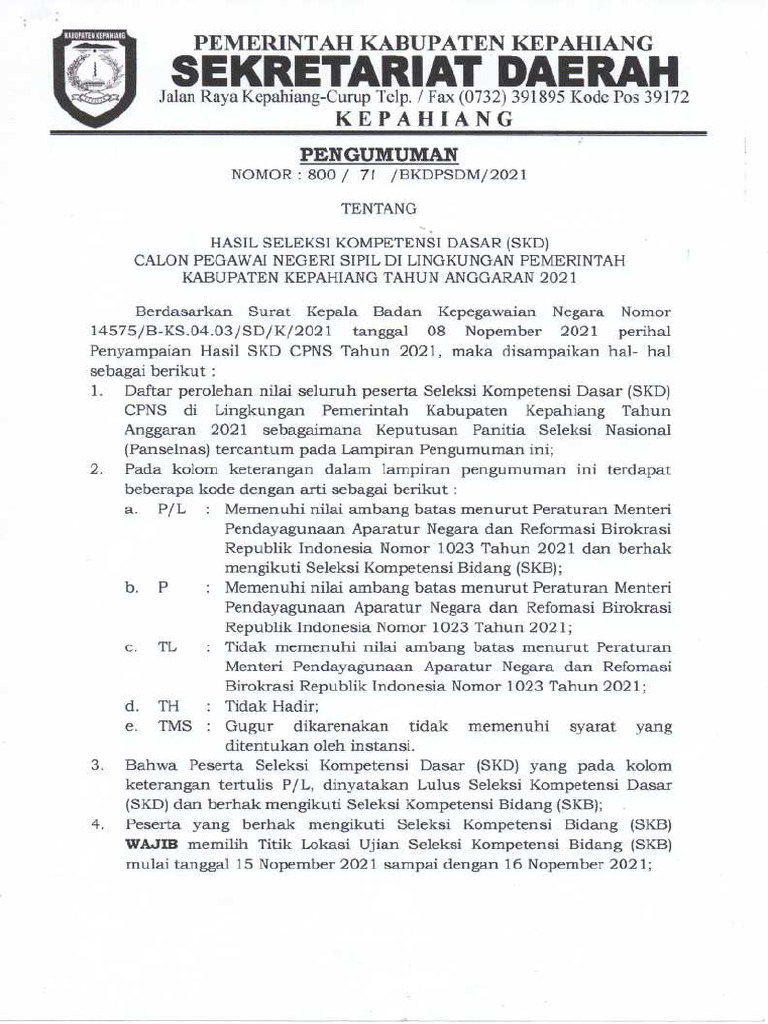 Pengumuman Hasil SKD All | PDF