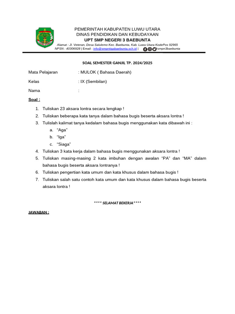 Soal Semester Ganjil Mulok (Bhs. Daerah) KLS IX | PDF
