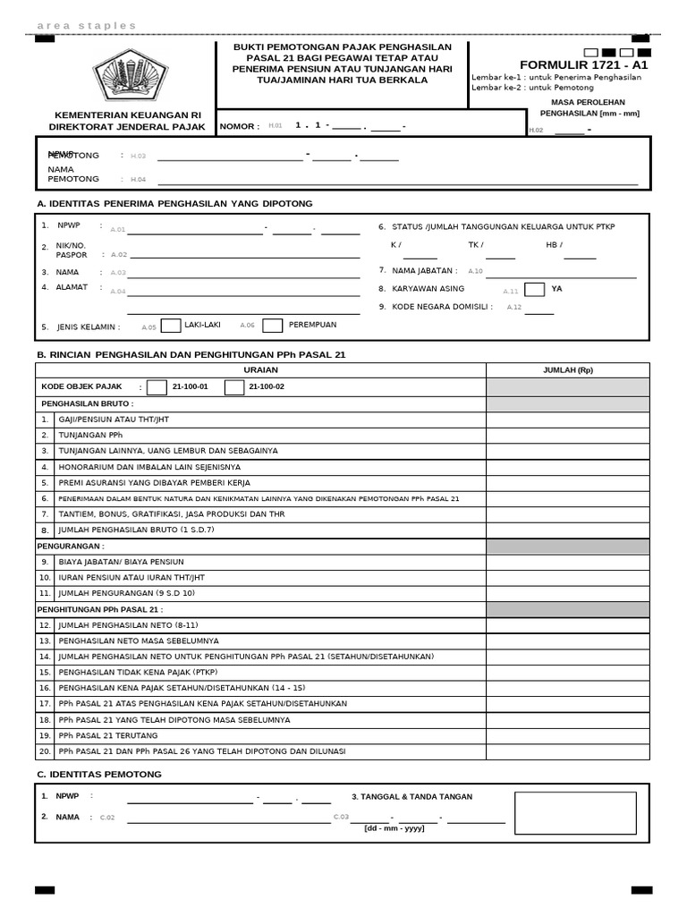 14 Bukti Potong PPH Pasal 21 1721 A1 | PDF