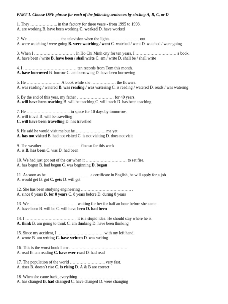 Verb Tenses Exercise KEY | PDF
