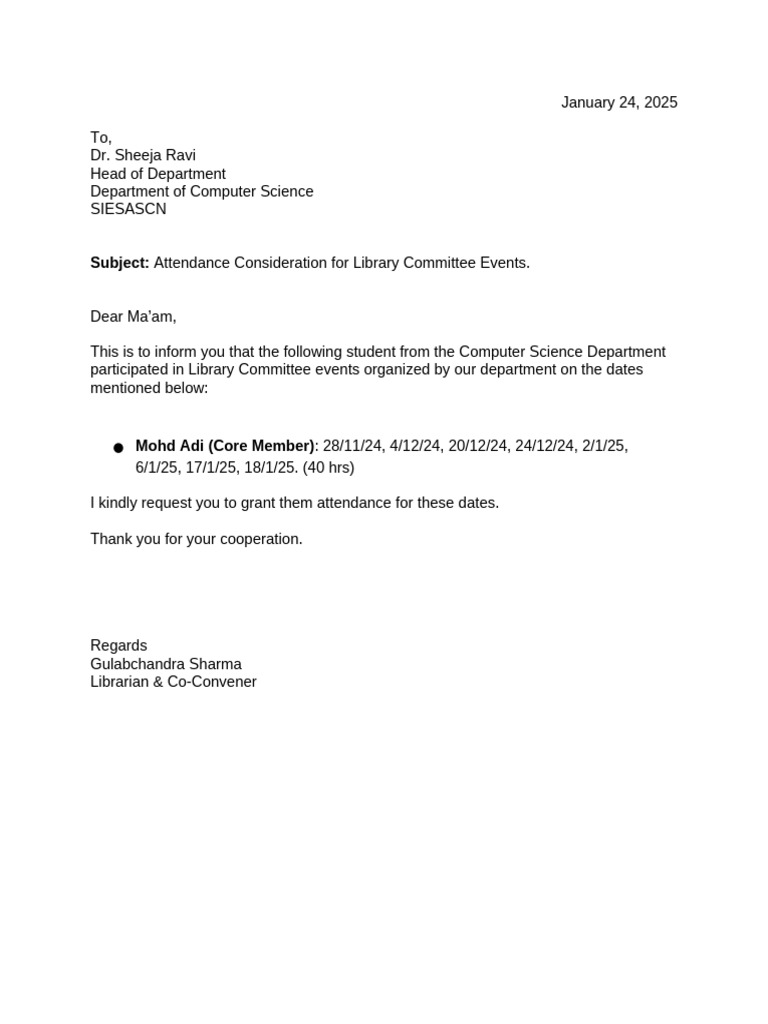 Attendance Letter For Library Committee | PDF