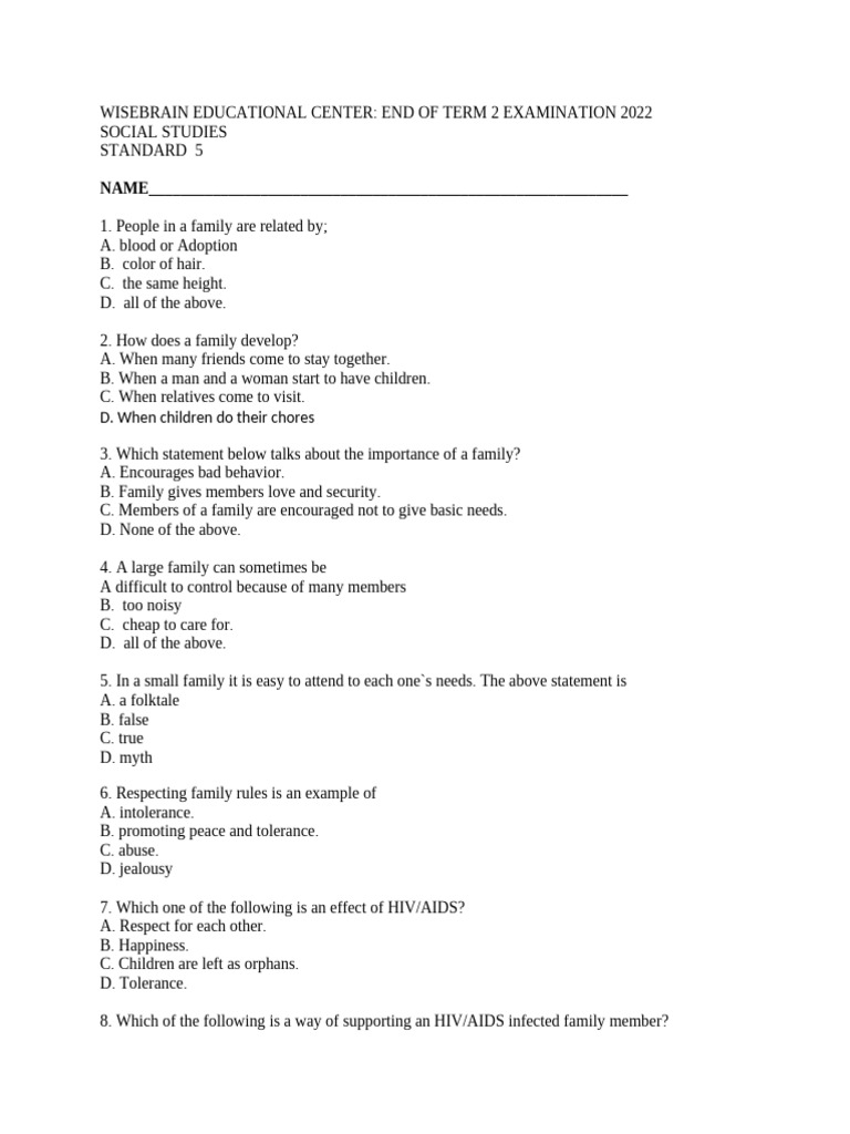 Standard 5 Social Studies Term 2 Exam | PDF | Marriage | Hiv/Aids
