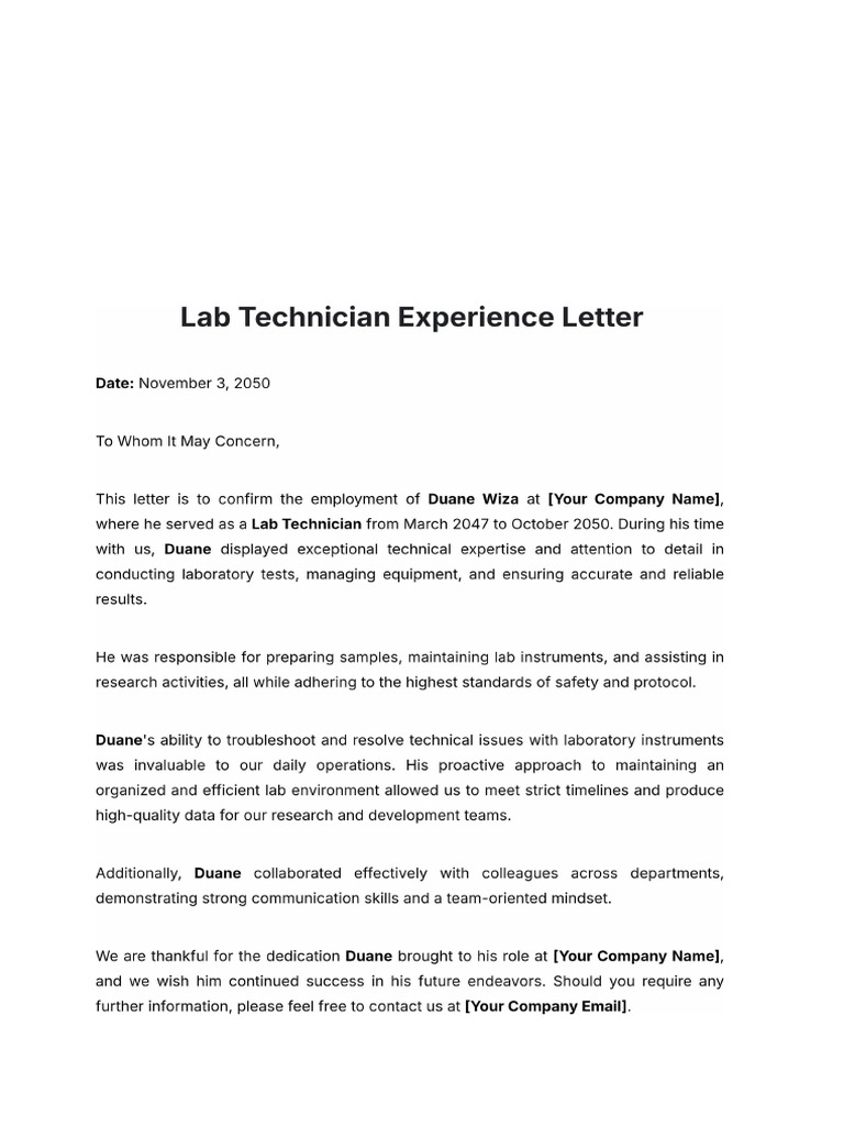 Lab Technician Experience Letter Template | PDF