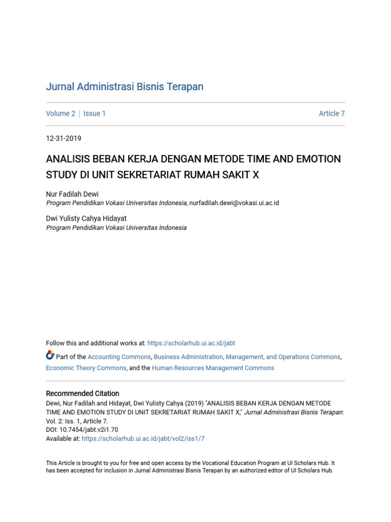 Analisis Beban Kerja Dengan Metode Time and Emotion Study Di Unit | PDF