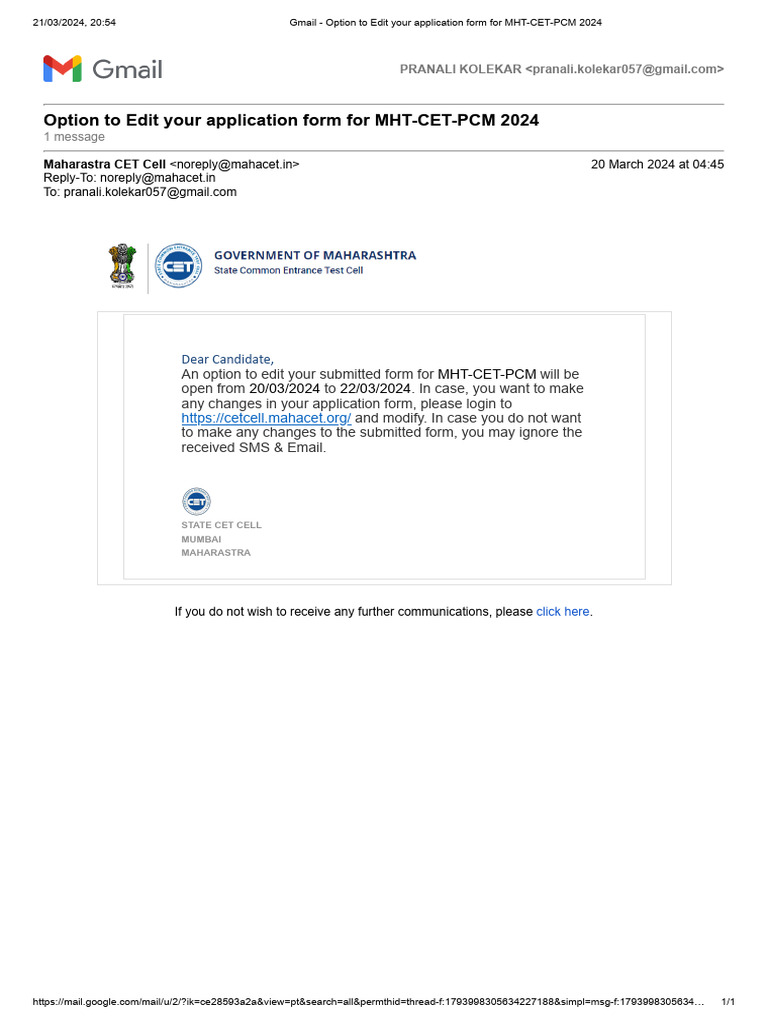 Gmail - Option to Edit your application form for MHT-CET-PCM 2024 | PDF