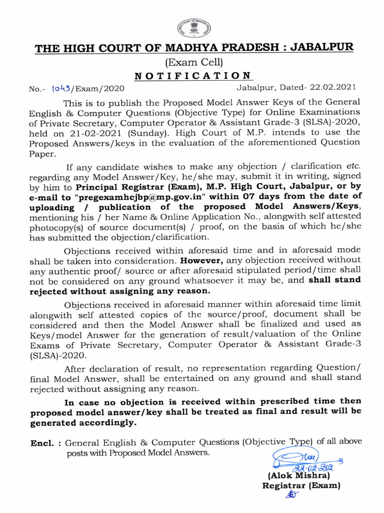 Notification Alongwith Proposed Model Answers Keys PS CO AG - III (SLSA ...