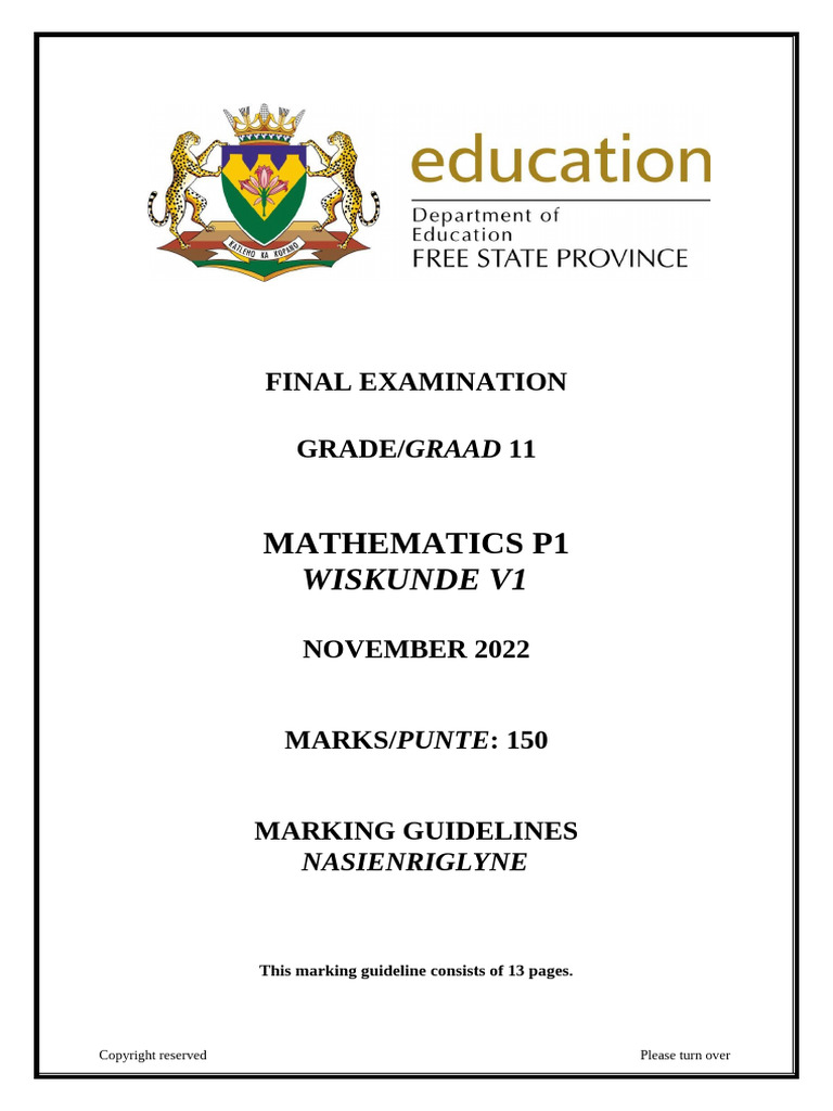 GR 11 MATHS P1 NOV MARKING GUIDELINE Exam | PDF | Applied Mathematics ...