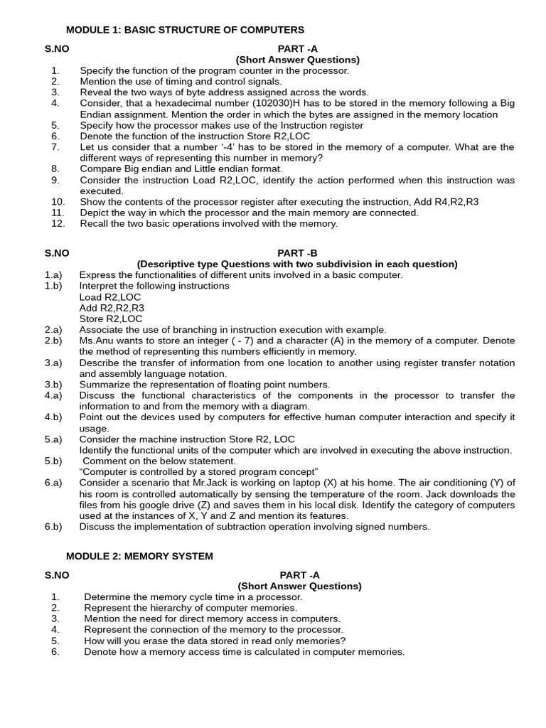 COA QB 1-2 | PDF | Random Access Memory | Computer Data Storage