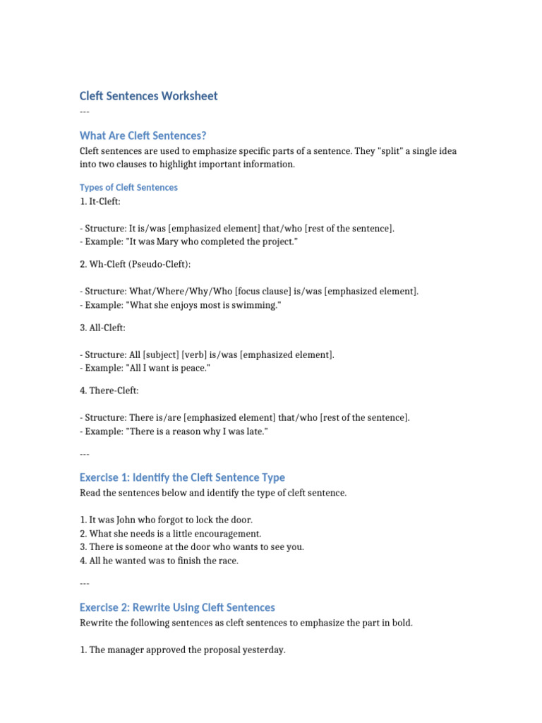 Cleft_Sentences_Worksheet (1) | PDF | Semantics | Semantic Units