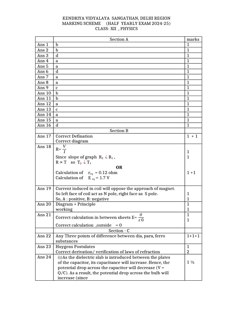Class XII Physics Half-Yearly Exam Marking Scheme | PDF | Capacitor ...