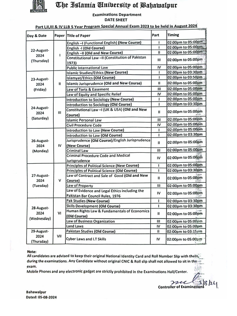 Date Sheet LLB 5 Years Program Part III III and IV Special Annual ...