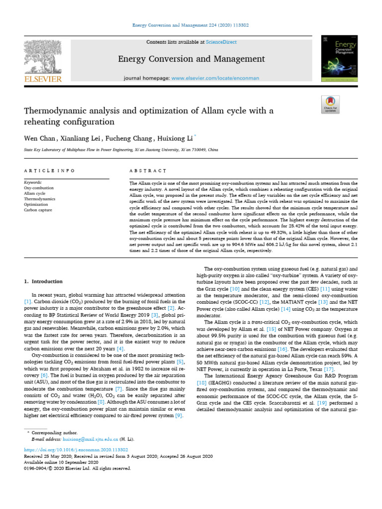 Thermodynamic Analysis and Optimization of Allam Cycle With A Reheating ...