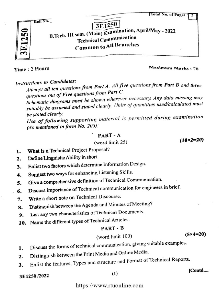 Btech 3 Sem Technical Communication 3e1250 May 2022 | PDF