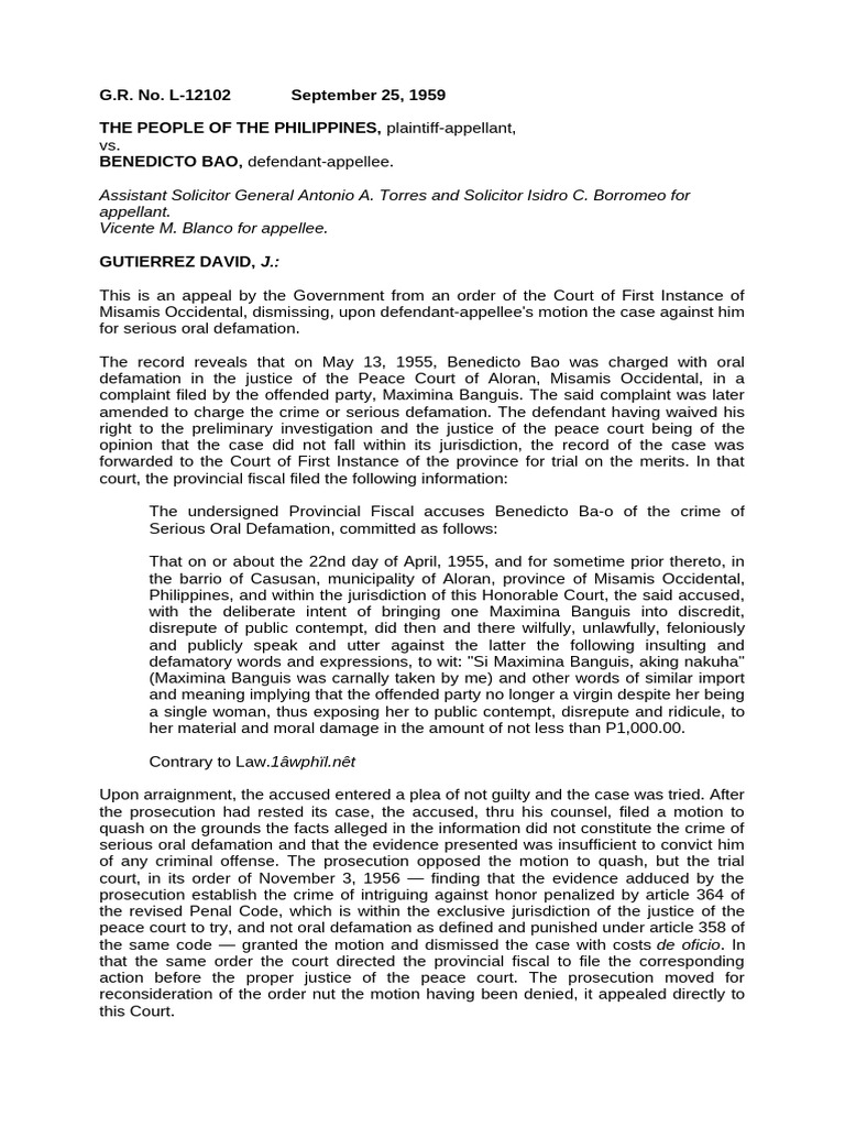 People of The Philippines, vs. Benedicto Bao, G.R. No. L-12102, September 25, 1959 | PDF ...