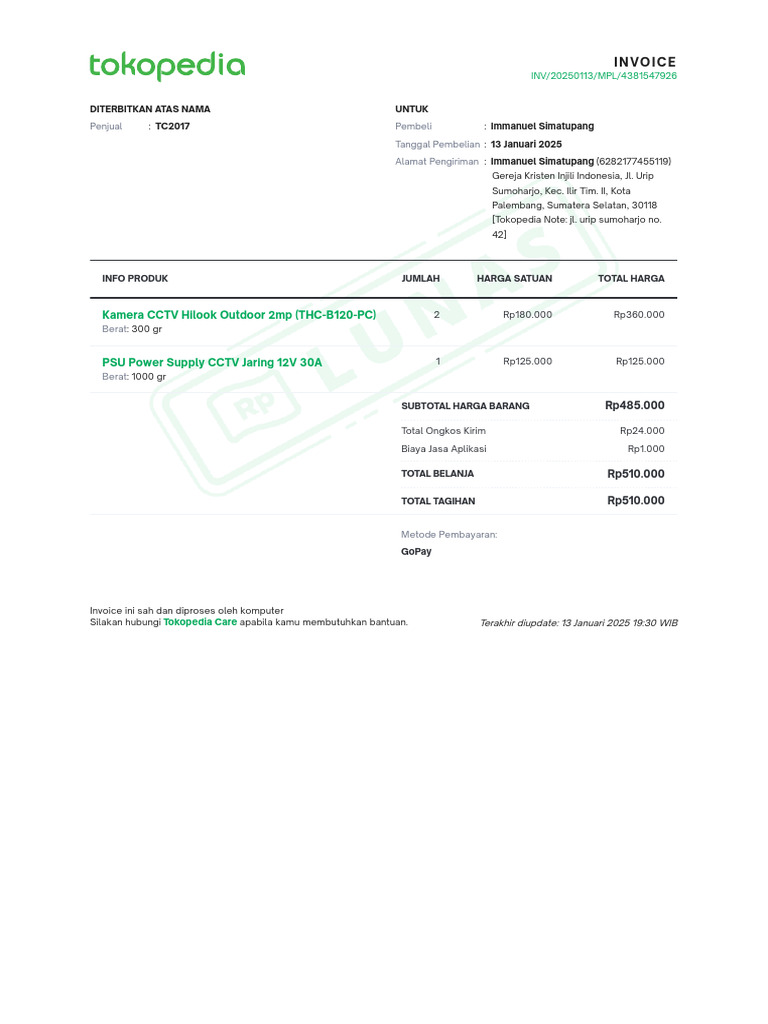 Invoice Pembelian Kamera CCTV 2025 | PDF