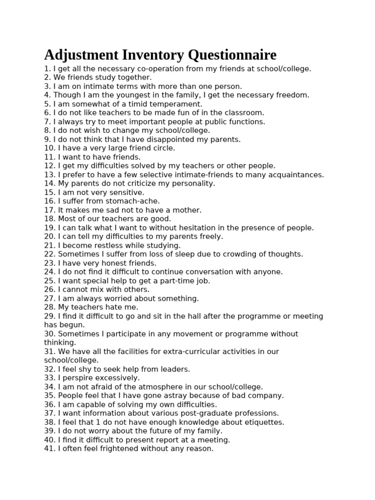 Adjustment Inventory Questionnaire | PDF | Thought | Feeling