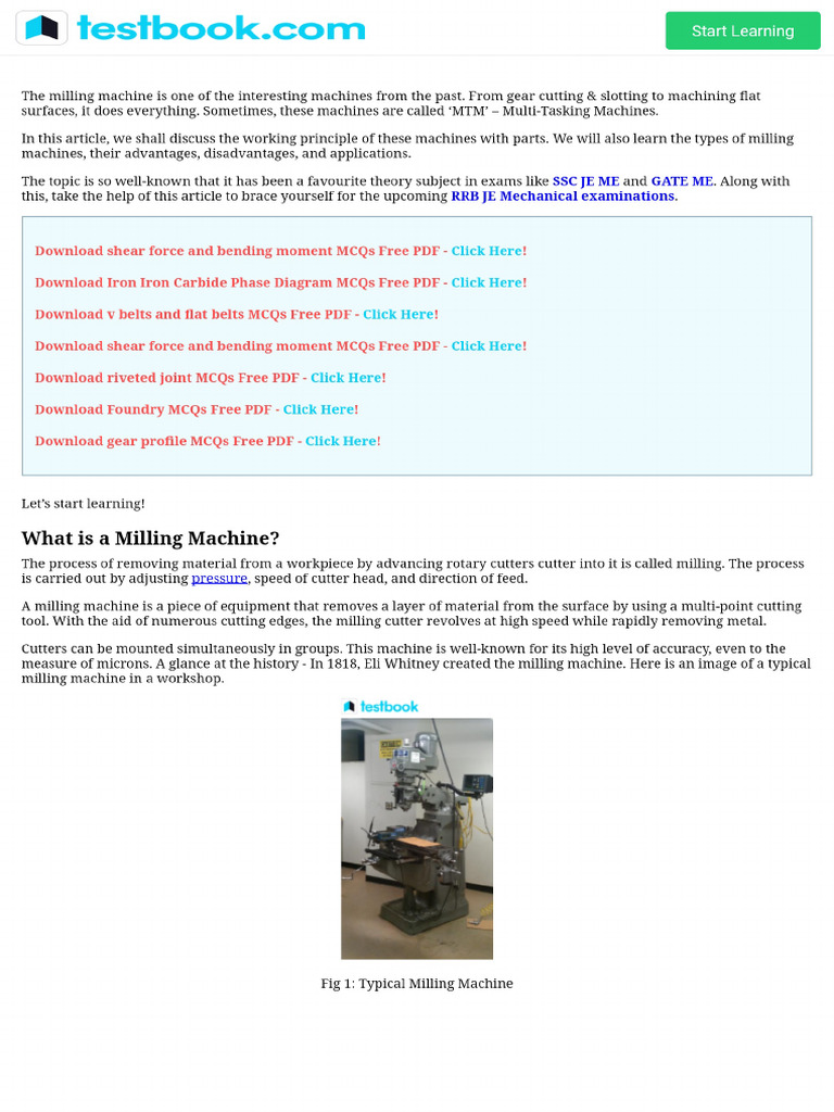 Milling Machine_ Definition, Working, Parts & Applications | PDF