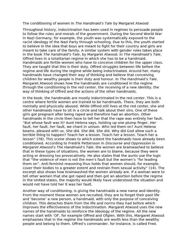 HL Essay On The Conditioning of Women in The Handmaid's Tale by ...