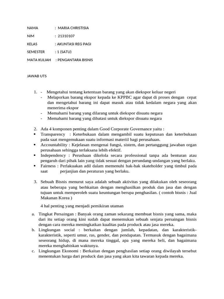 Uts Pengantar Bisnis - Maria Christisia | PDF