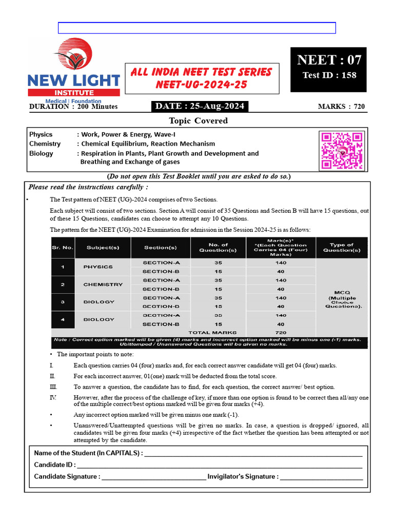 NEET TEST 07 PAPER | PDF | Waves | Collision